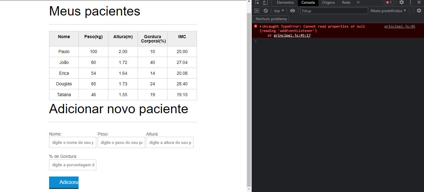 Adicionar o paciente - Erro no console (Uncaught TypeError: Cannot read ...